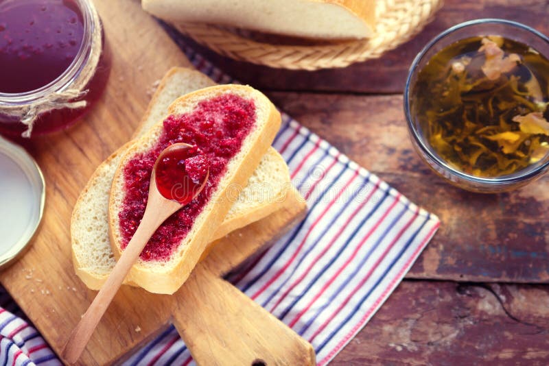 Raspberry jam with bread stock photo. Image of summer - 68333516