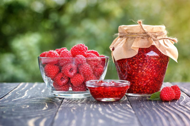 Raspberry Jam and Fresh Raspberry on a Rustic Wooden Table Stock Image ...