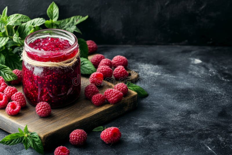 Raspberry Jam in a Glass Jar with Fresh Raspberries on a Black ...