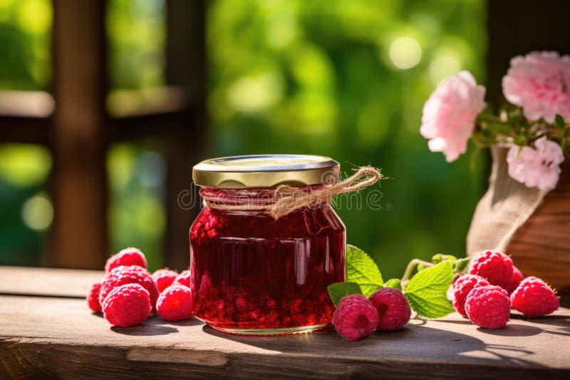 Raspberry Jam in Jar on Wooden Table Stock Illustration - Illustration ...