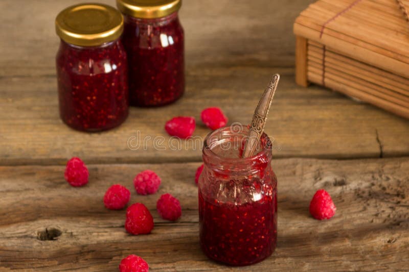 Raspberry Jam in a Jar on the Wooden Table Stock Photo - Image of ...