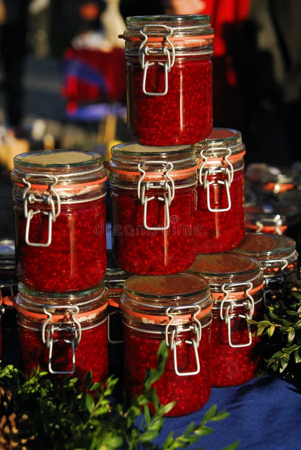 Raspberry Jam Jars on Display Stock Image - Image of traditional ...
