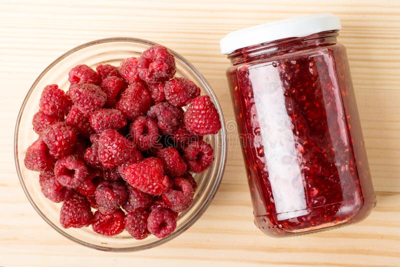 Raspberry Jam and Raspberries, on a Wooden Table Stock Image - Image of ...