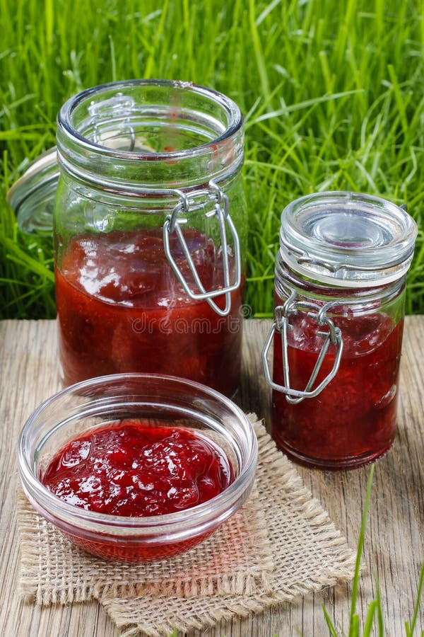 Raspberry Jam on Wooden Tray in the Garden Stock Image - Image of ...