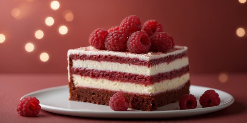 Raspberry Layer Cake Slice on Red Background. Stock Image - Image of ...