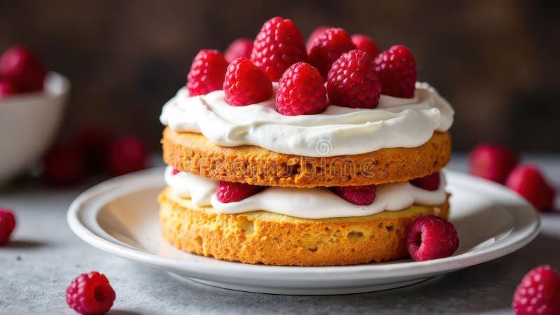Raspberry Layer Cake with Whipped Cream on White Plate Stock Illustration - Illustration of ...