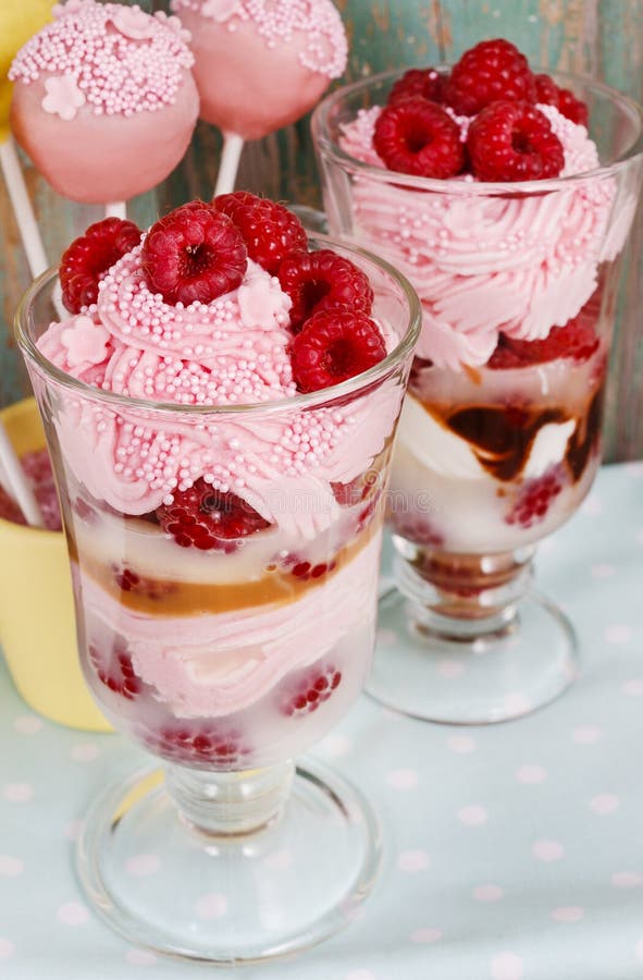 Raspberry Layer Dessert on Wooden Background, Copy Space Stock Image ...