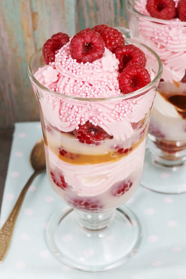 Raspberry Layer Dessert on Wooden Background, Copy Space Stock Photo ...