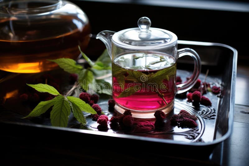 Raspberry Leaf Tea Prepared in a Transparent Teapot on a Tray Stock ...