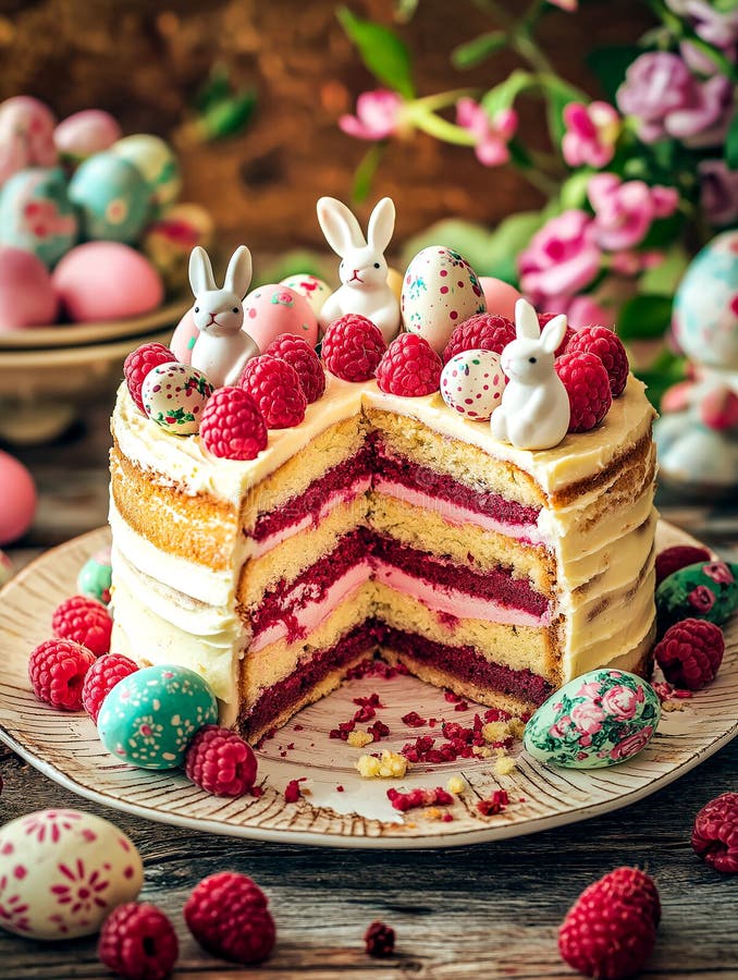 Raspberry and Lemon Easter Cake with Bunny Figurines and Painted Eggs ...