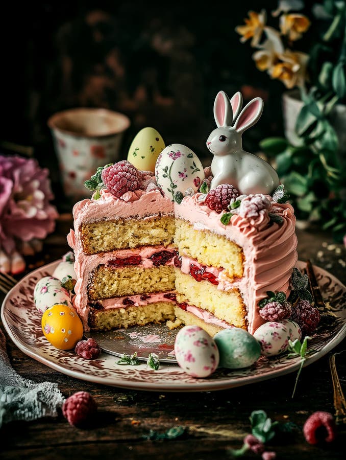 Raspberry and Lemon Easter Cake with Bunny Figurines and Painted Eggs ...