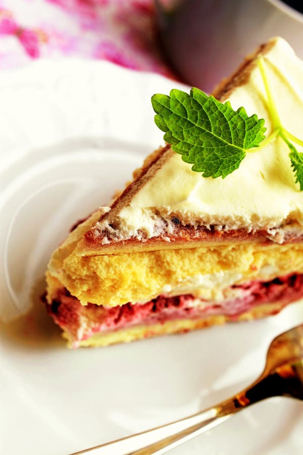 Raspberry meringue cake stock photo. Image of piece, cutlery - 28062924