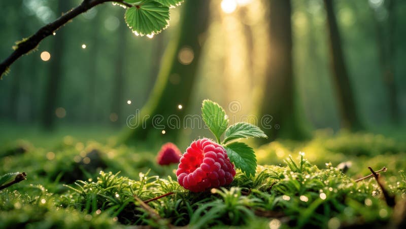 Juicy Raspberry on Forest Moss in Sunrise Sunlight Stock Illustration ...