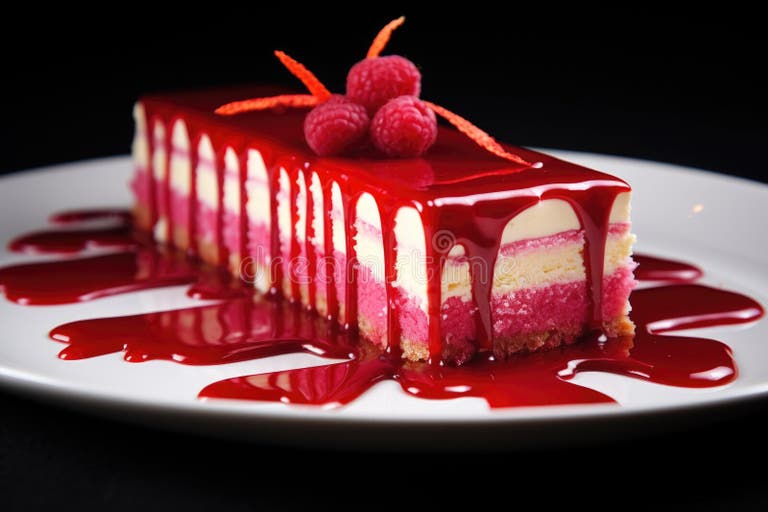 Raspberry Mousse Cake with a Raspberry Coulis Drizzle Stock Photo ...
