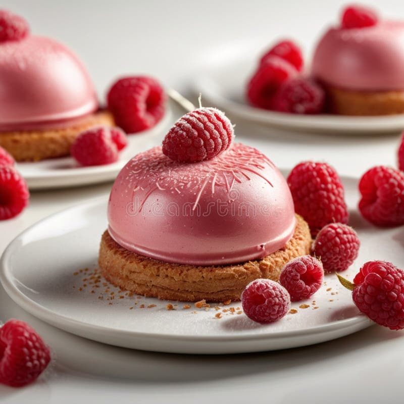 A Raspberry Mousse Patisserie with Gold Leaf and Fresh Raspberry ...