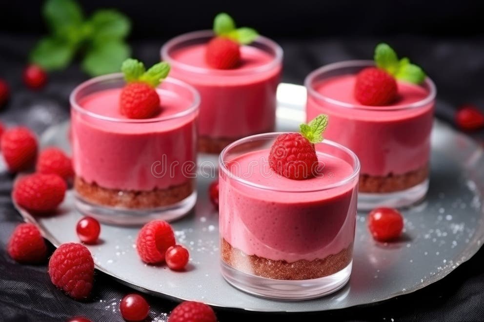 Raspberry Mousse Piped into Shot Glasses, Top View Stock Image - Image ...