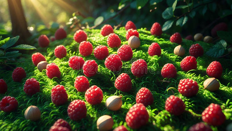 Lush Raspberry Patch in Morning Sunlight: a Vibrant Summer Scene Stock ...