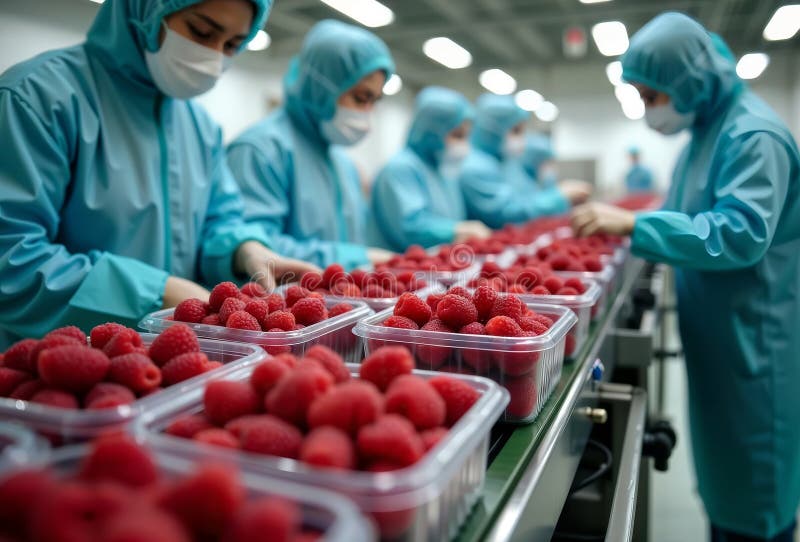Packing Fresh Raspberries on a Production Line, Generative Ai Stock ...