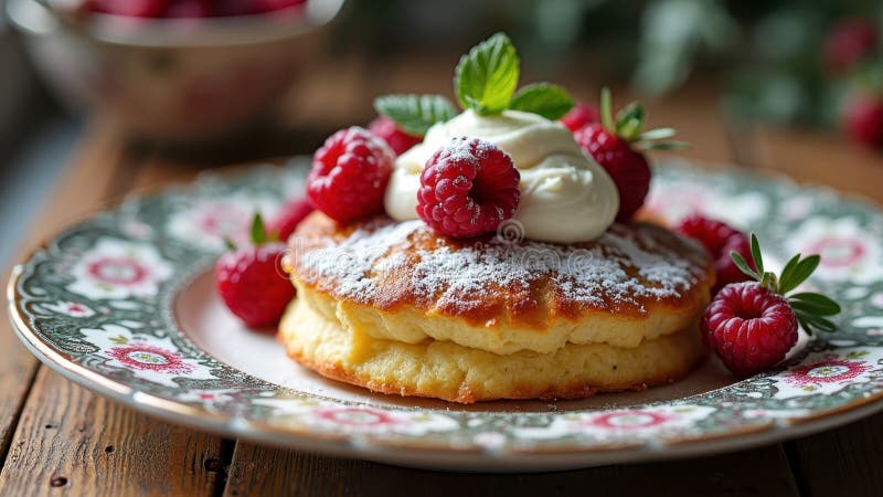 Raspberry Pancake Cream Powdered Sugar Floral Plate Stock Photos - Free ...