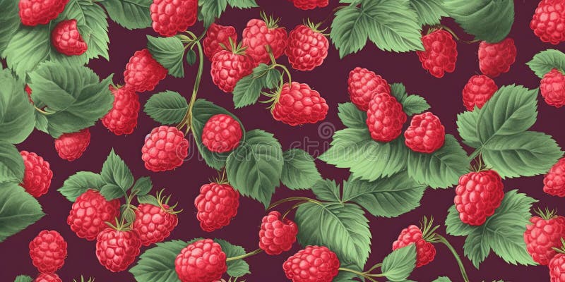 Raspberry Pattern with Leaves on Red Background, Pattern Design Stock ...