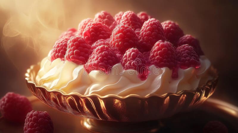 Raspberry Pavlova on Gold Dish with Warm Lighting Stock Illustration ...