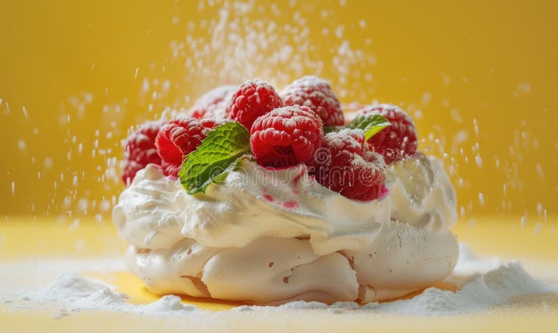 Raspberry Pavlova on a Light Yellow Backdrop Stock Image - Image of ...