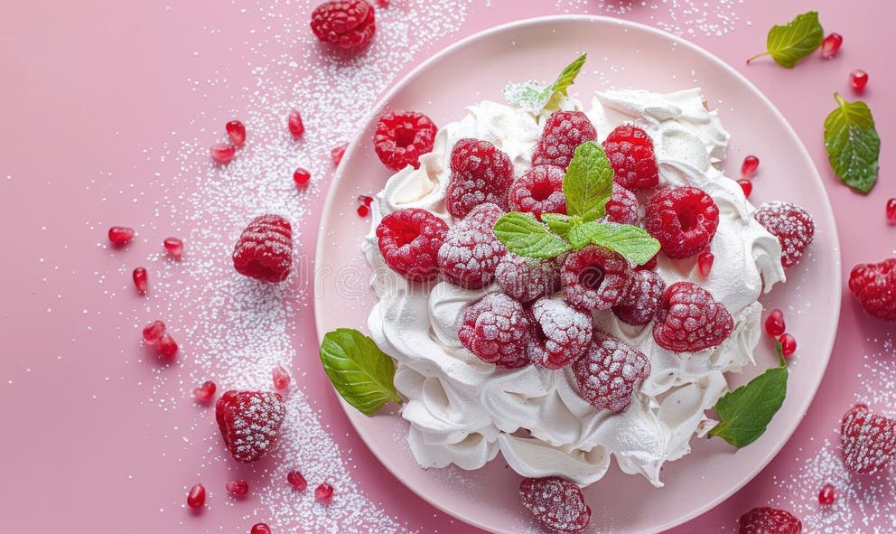 Raspberry Pavlova on a Pale Pink Backdrop Stock Image - Image of sweet ...