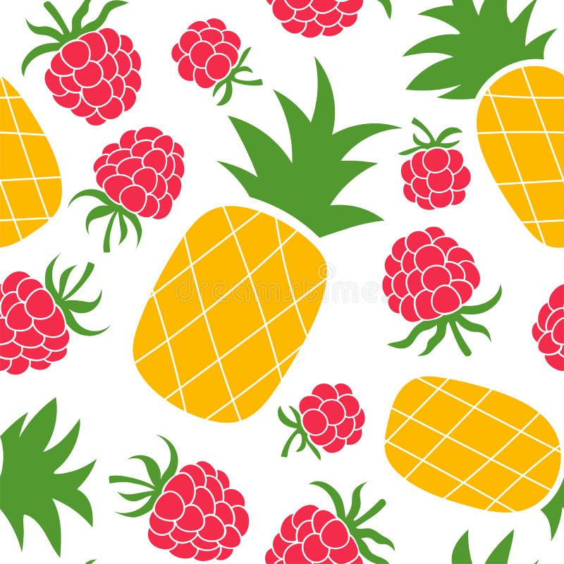 Raspberry and Pineapple Seamless Pattern. Hand Drawn Fresh Fruit ...