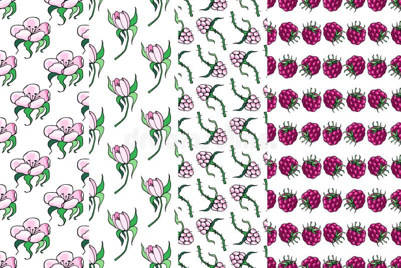Raspberry and Pink Flowers. Floral Design. Set of Seamless Pattern ...