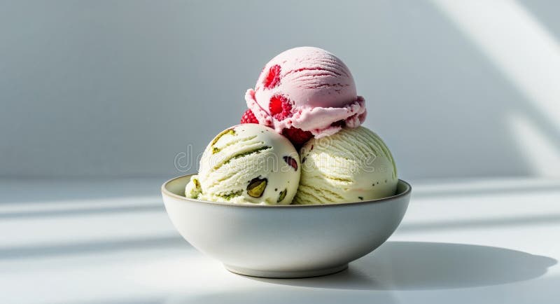 Raspberry and Pistachio Ice Cream in Bowl. Stock Image - Image of cold ...