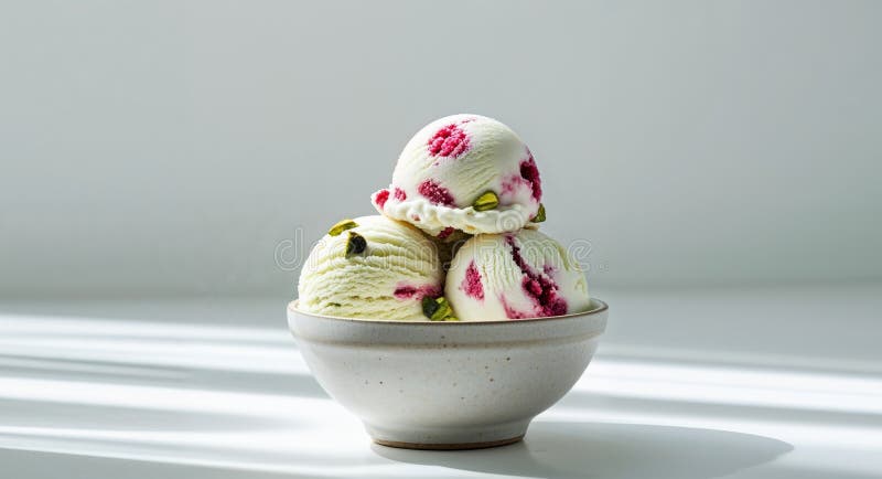 Raspberry and Pistachio Ice Cream in Bowl Stock Photo - Image of ...