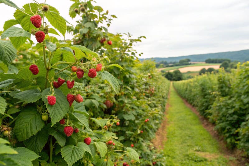 Raspberry Plantation in Summer Stock Illustration - Illustration of ...