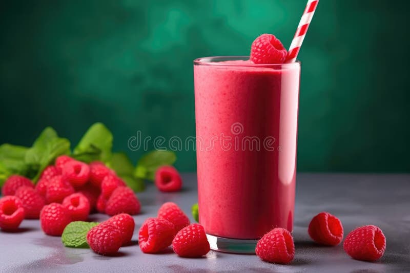 Raspberry Protein Smoothie with Whole Raspberries on the Surface Stock ...