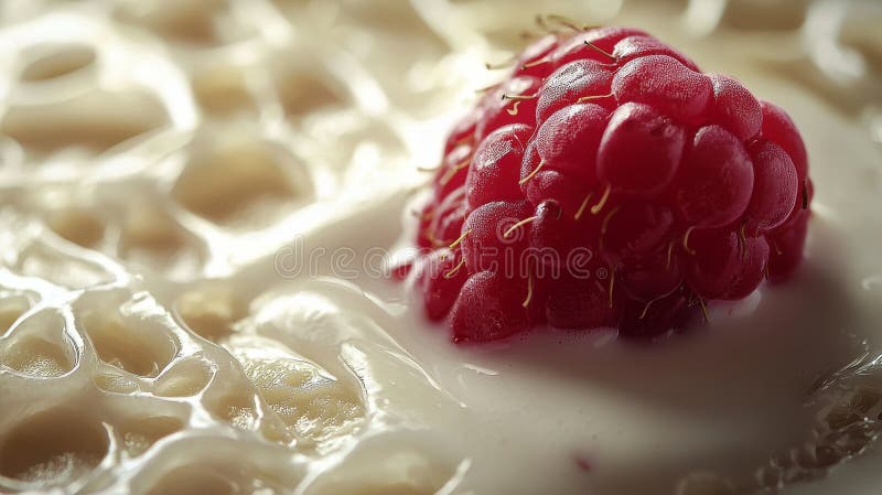 The Raspberry Rests on a Table Atop White Substance on White Stuff ...