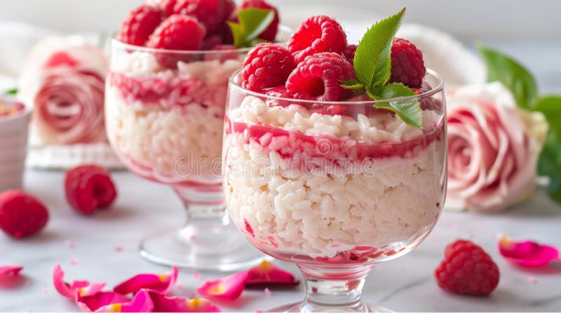 Raspberry Rice Pudding Delight in Glass Bowls with Fresh Mint Stock ...