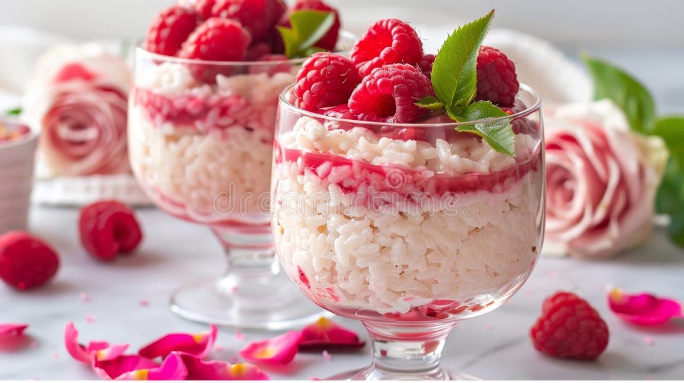 Raspberry Rice Pudding Delight in Glass Bowls with Fresh Mint Stock ...