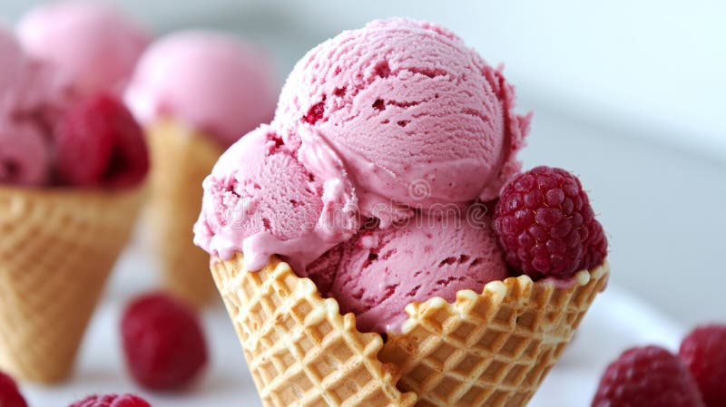 Raspberry Ripple Ice Cream Cone - Close-up of a Waffle Cone Filled with ...