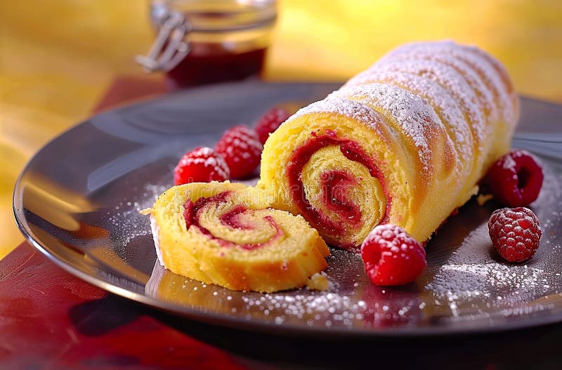 A Raspberry Roll Cake, Dusted with Powdered Sugar and Accompanied by ...