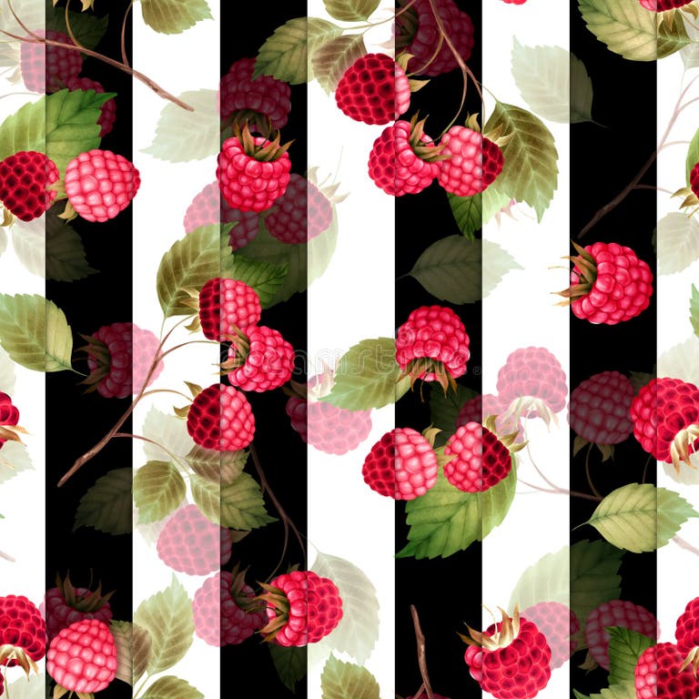Raspberry Seamless Pattern with Berries and Leaves, Hand-drawn Botanical Illustration Stock ...