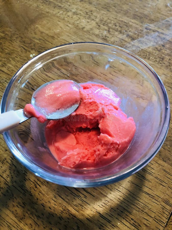 Raspberry Sherbet in a Clear Bowl and a Small Spoon Stock Photo - Image ...