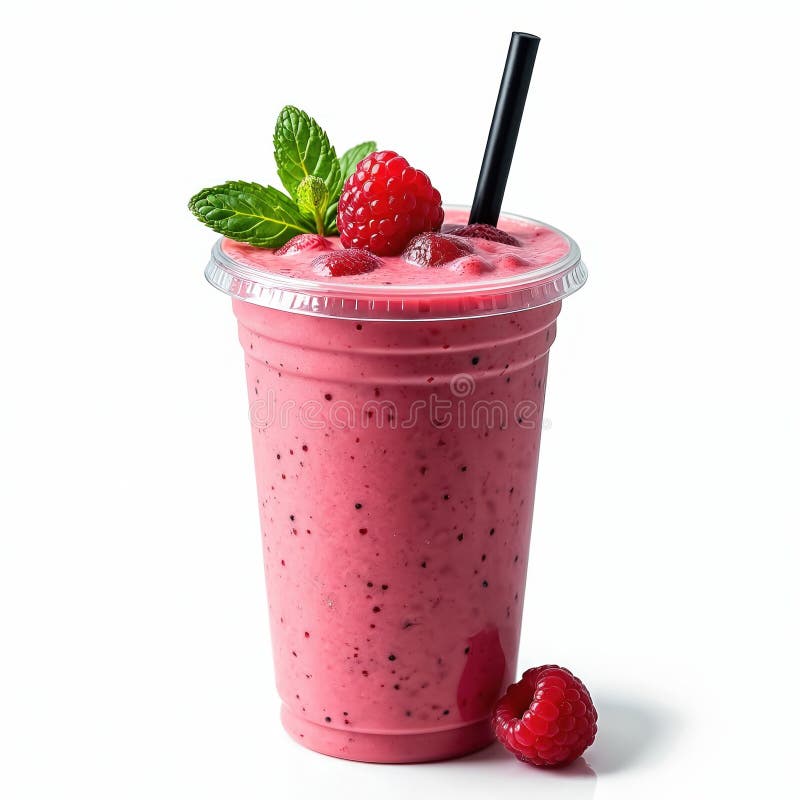 Raspberry Smoothie with Fresh Raspberries Mint in Plastic Cup with ...