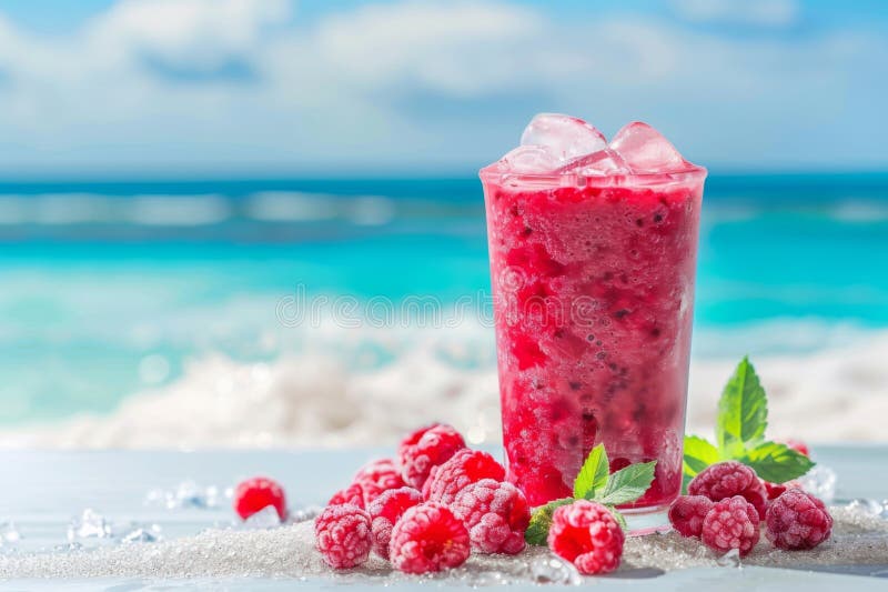 Raspberry Smoothie with Ice and Raspberries on the Beach Stock Image ...