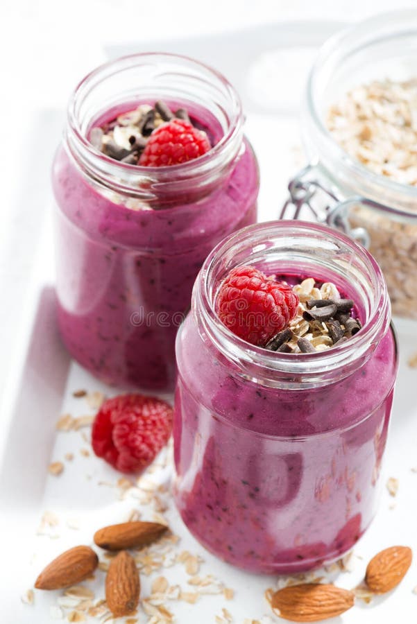 Raspberry Smoothie with Oatmeal and Chocolate, Closeup, Vertical Stock ...