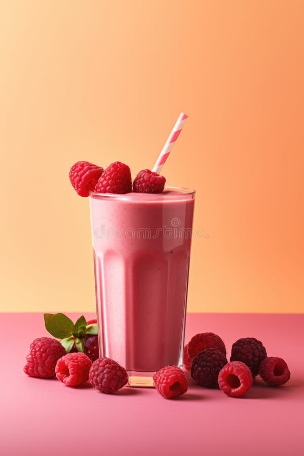 Raspberry Smoothie and Raspberries on Orange Background, Created Using ...