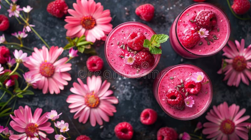 Raspberry Smoothies Pink Flowers Garden Setting Stock Photos - Free ...