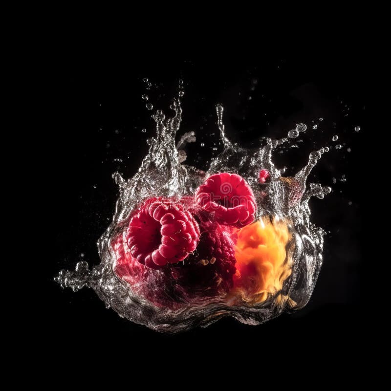 Raspberry in the Splash of Water on Isolated Black Background. Stock ...