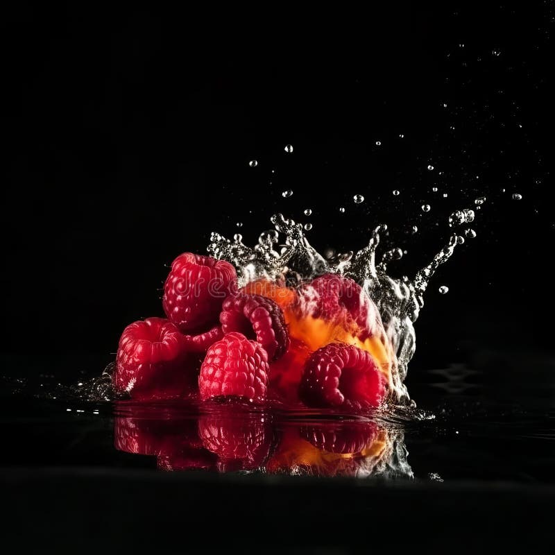 Raspberry in the Splash of Water on Isolated Black Background. Stock ...