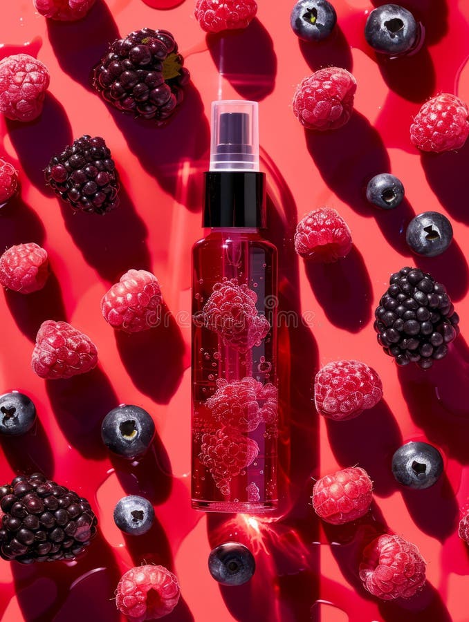 Raspberry Spray Bottle with Assorted Fresh Berries on Red Background ...