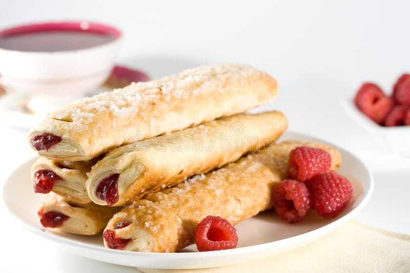 Raspberry Sticks Pastry on White Plate Stock Photo - Image of bakery ...