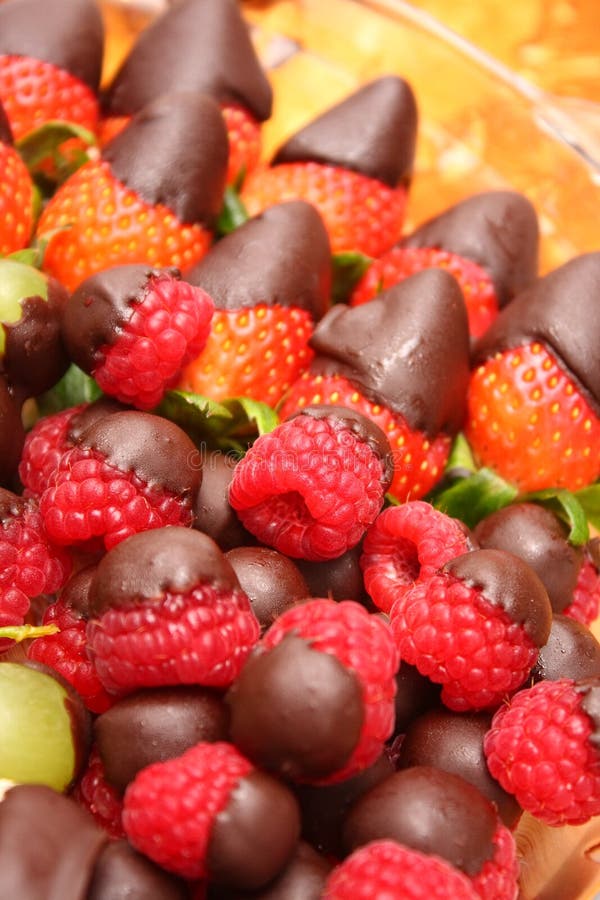 Raspberry and Strawberries with Chocolate Sauce Stock Photo - Image of ...
